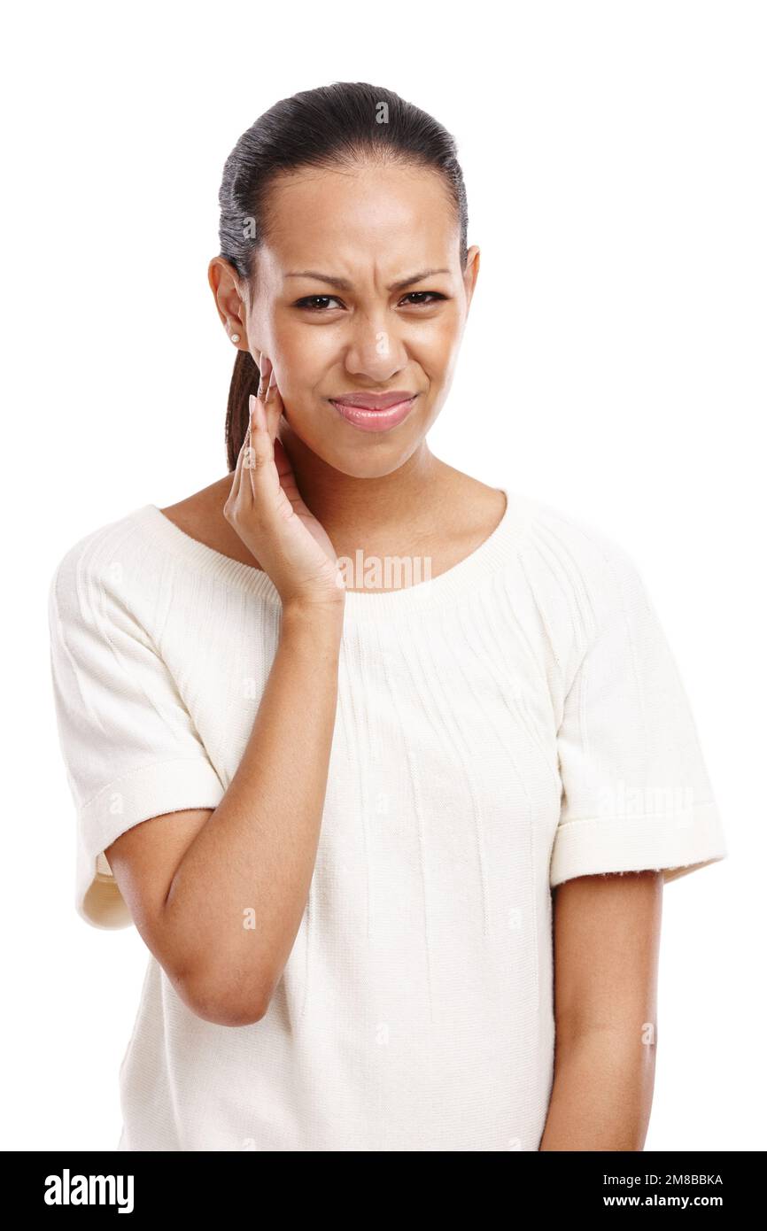 Injury, stress and woman in studio with neck pain, inflammation or ...