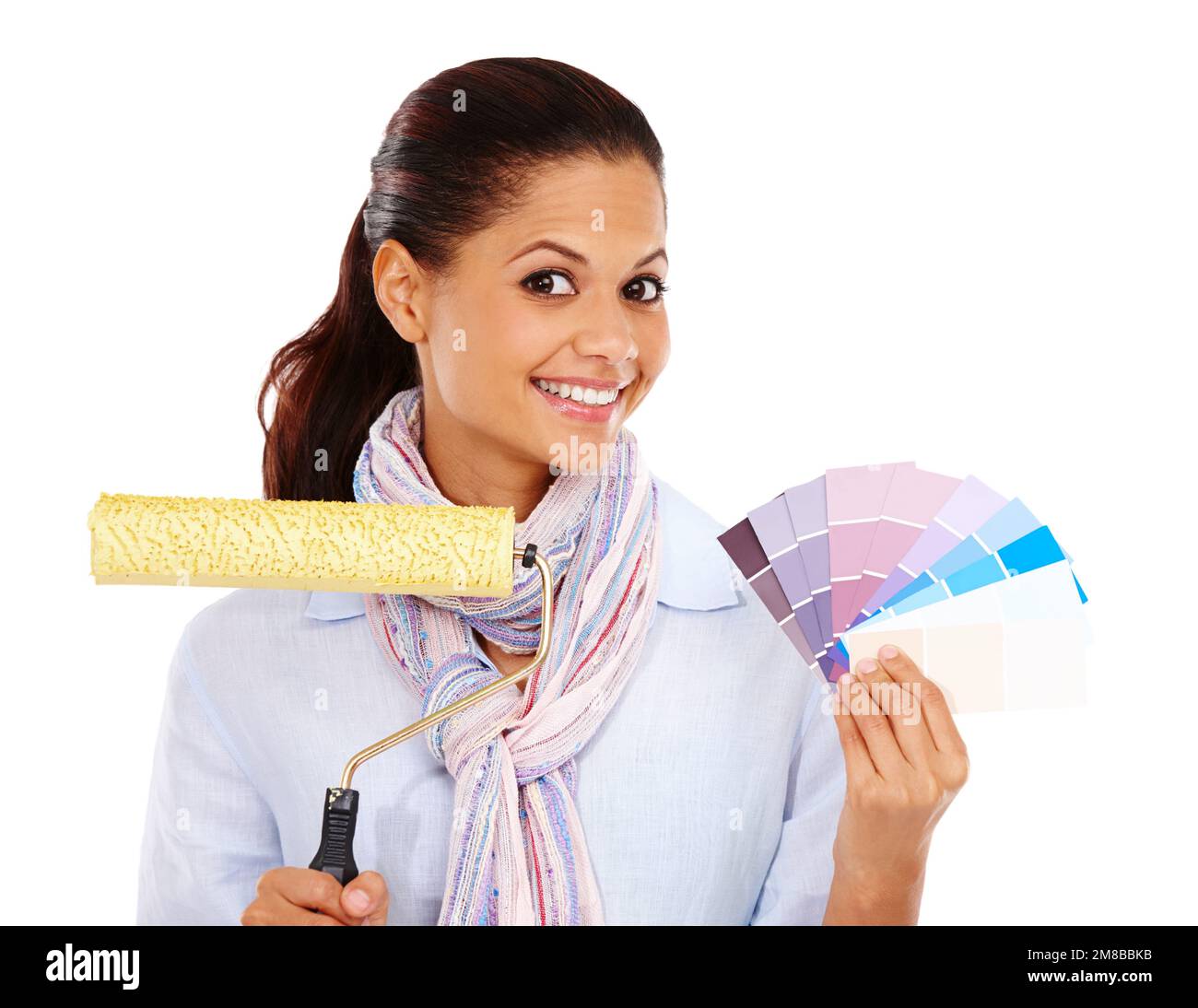 Woman, smile and paint brush with swatches for color choice or decision ...