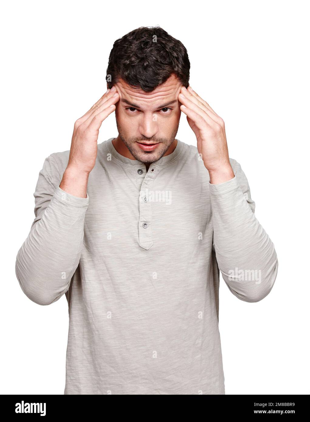 Mental health, headache and studio portrait of man with anxiety problem ...