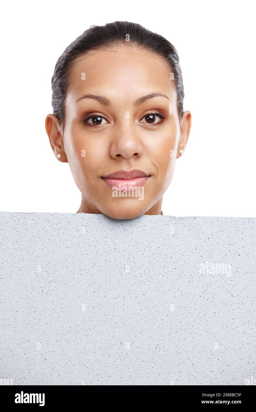 Face, portrait and woman with poster for mockup, marketing or advertising space in studio ...