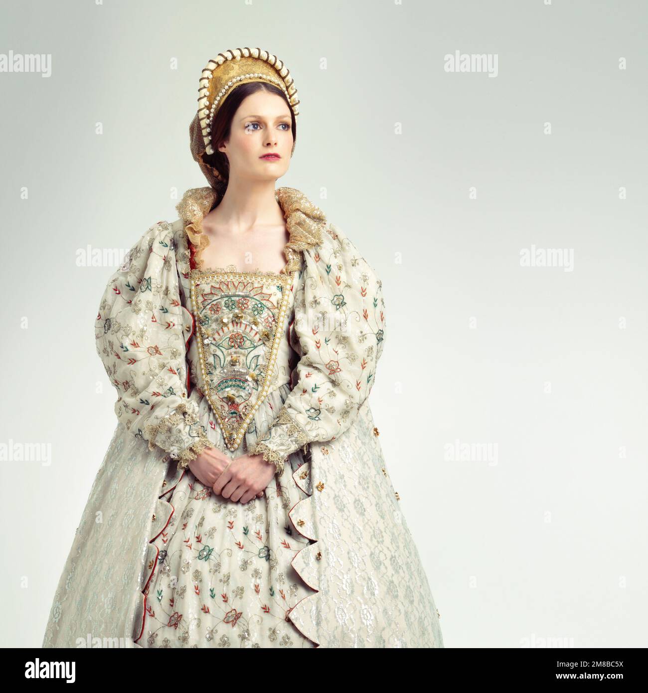 Queen, medieval with renaissance, history and woman with theatre ...