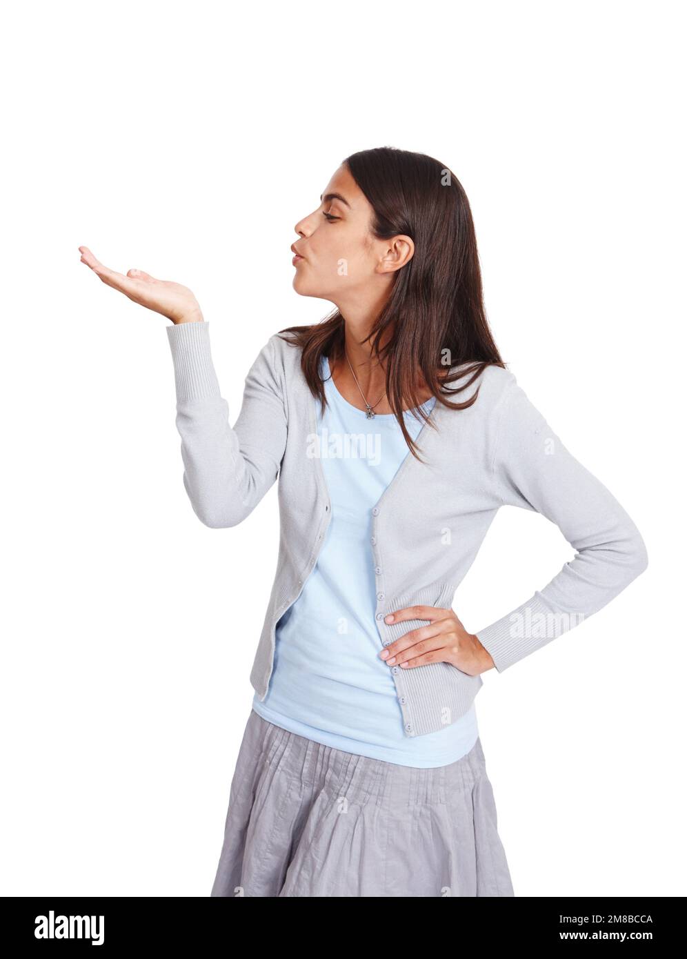 Hand, kiss and advertising with a business woman in studio isolated on ...