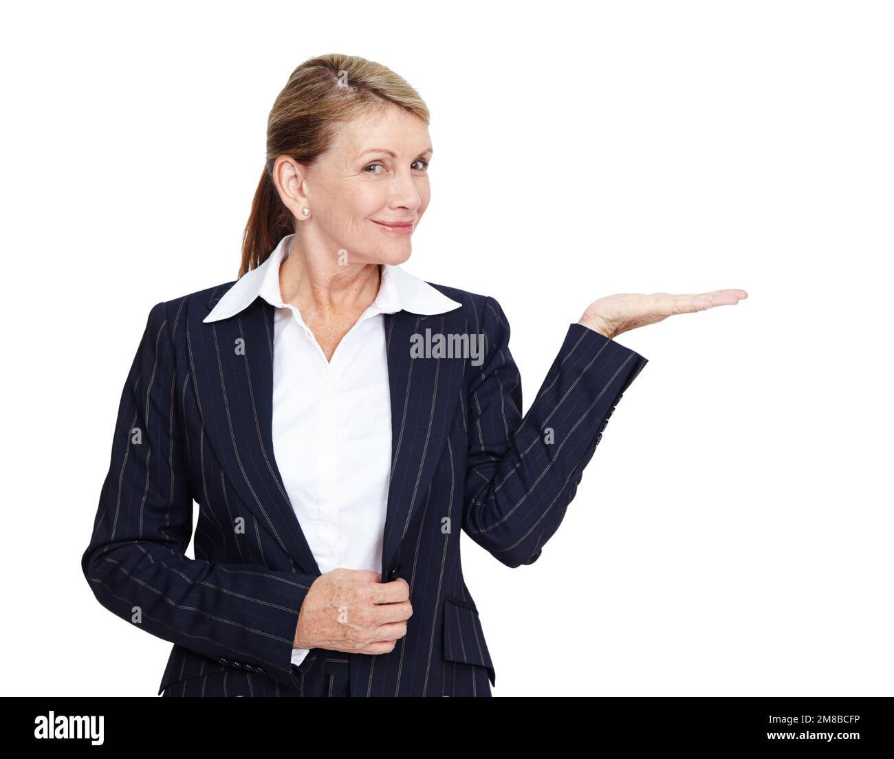 Business, woman with hand out for product placement and mockup space ...
