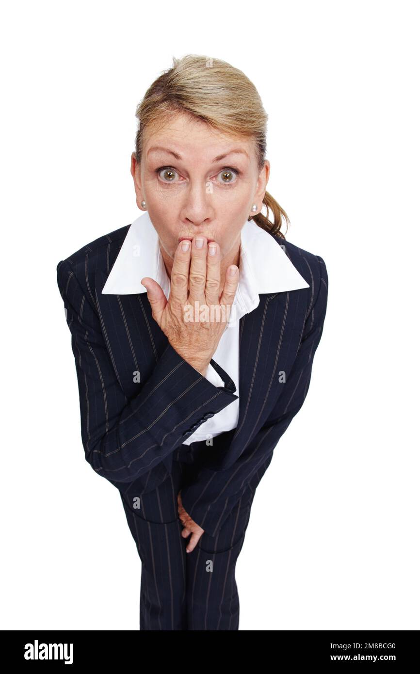 Wow, surprise and business woman on a white background for office ...