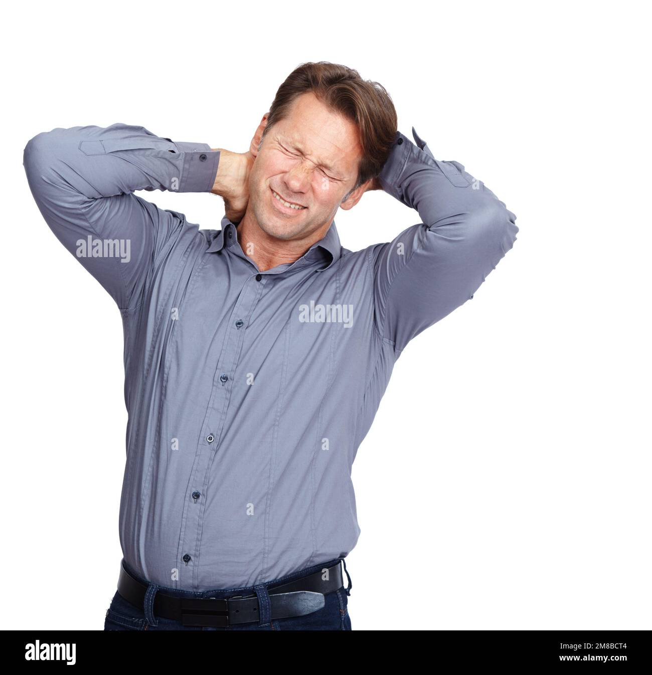 Neck pain injury, studio and business man with emergency crisis ...