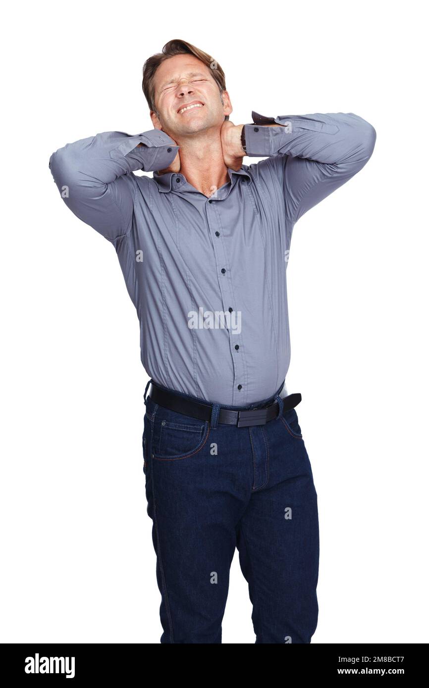 Neck pain problem, studio and business man with emergency crisis ...