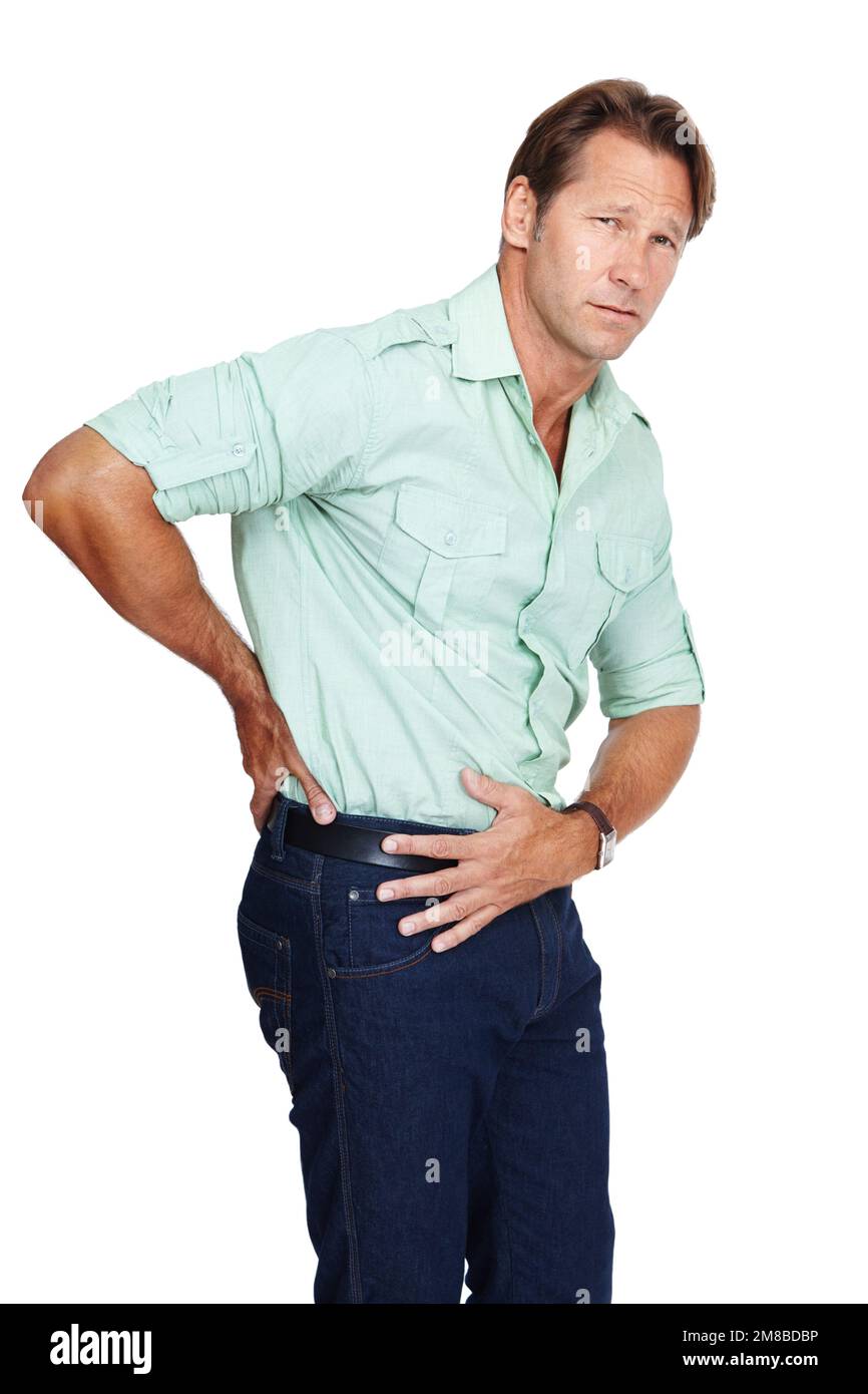 Back pain, studio portrait or business man with emergency crisis ...