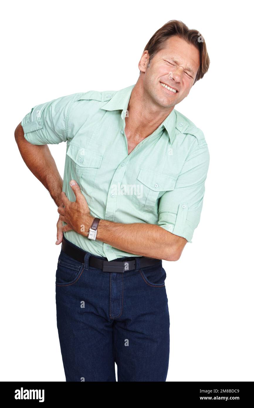 Back pain injury, studio and business man with emergency crisis ...