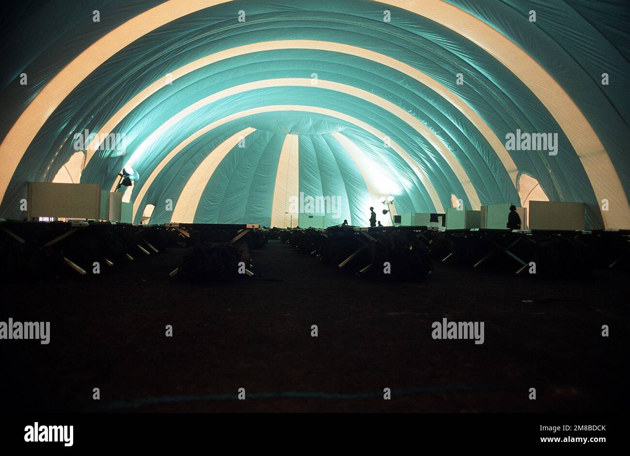The interior of an inflatable dome used to house troops during the ...