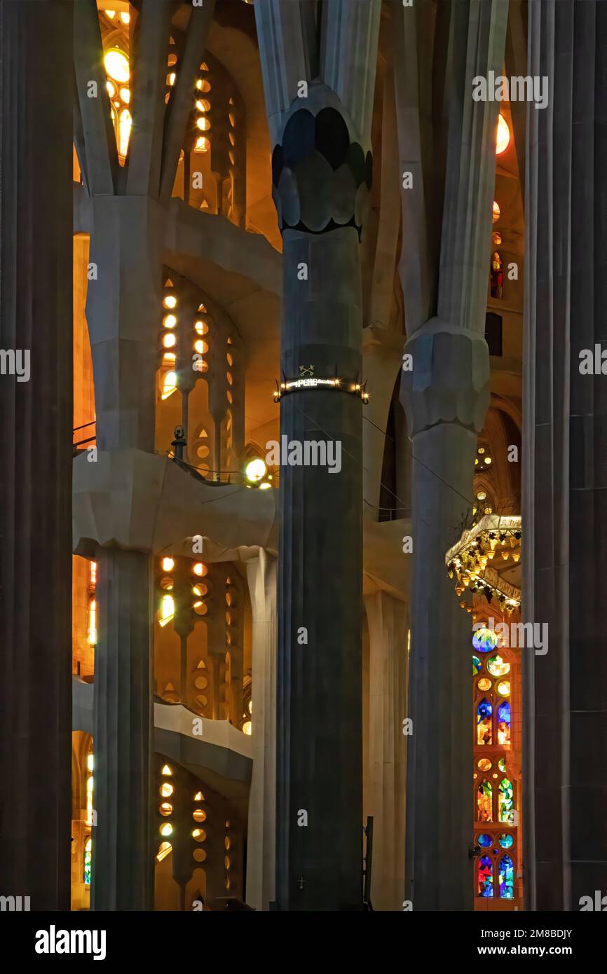 Columns and lights in Sagrada Familia cathedral by Gaudi, Barcelona ...