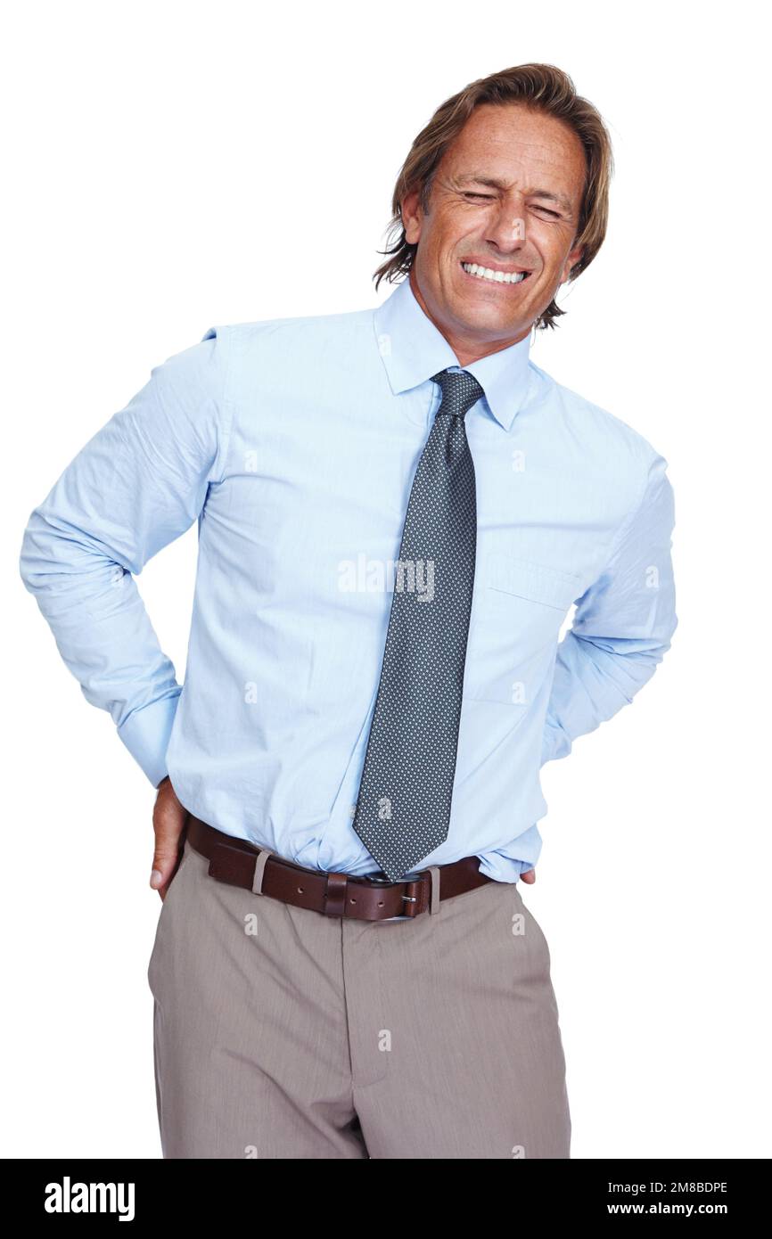 Back pain, injury and medical emergency with a business man in studio ...