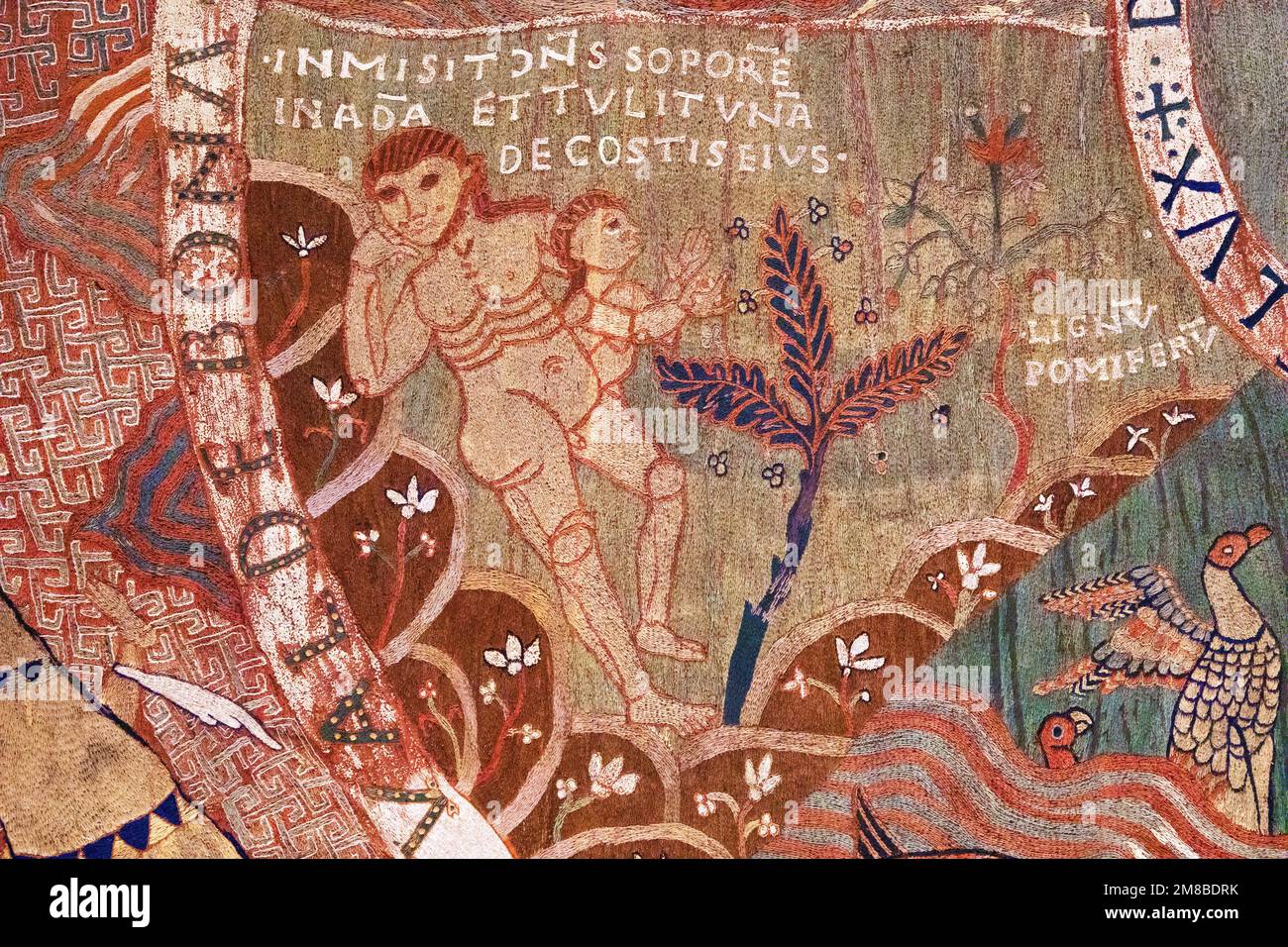 Creation of Eve in ancient tapestry of Girona, Spain Stock Photo - Alamy