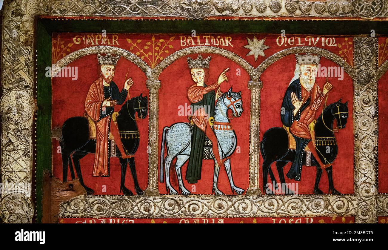 Detail from a medieval altar, with three wise men, Barcelona. From ...
