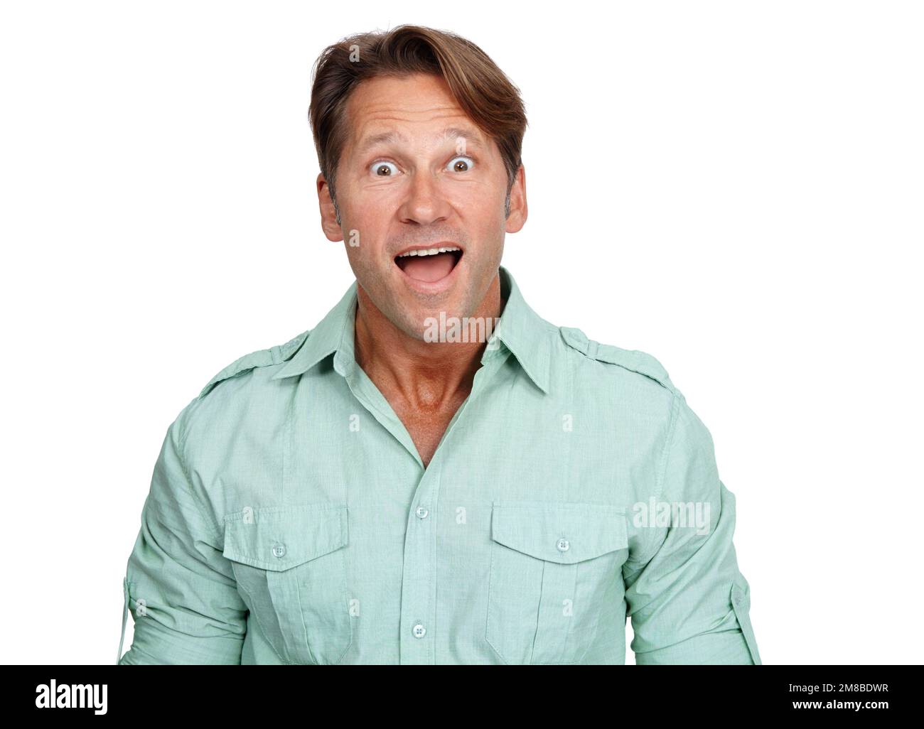 Shock, portrait and amazed man in a studio with a omg, wow and wtf ...