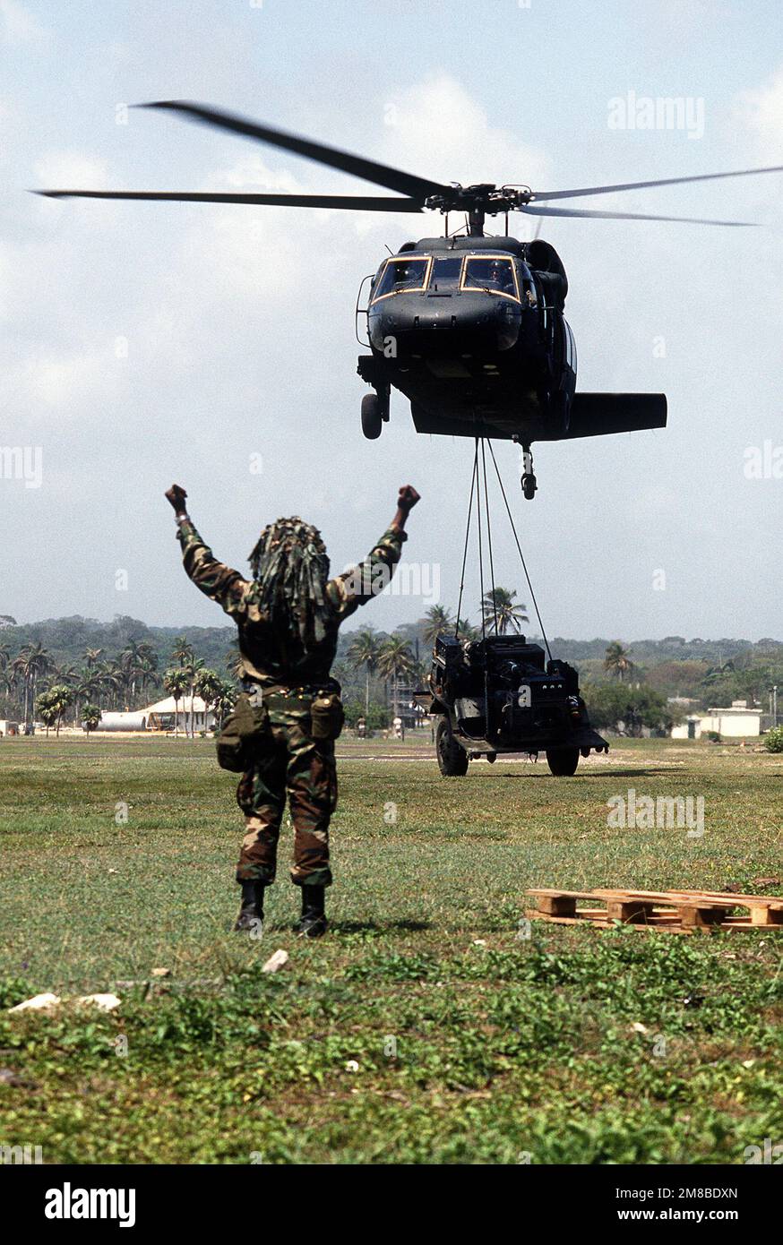 A soldier motions to a UH-60 Black Hawk (Blackhawk) helicopter carrying ...