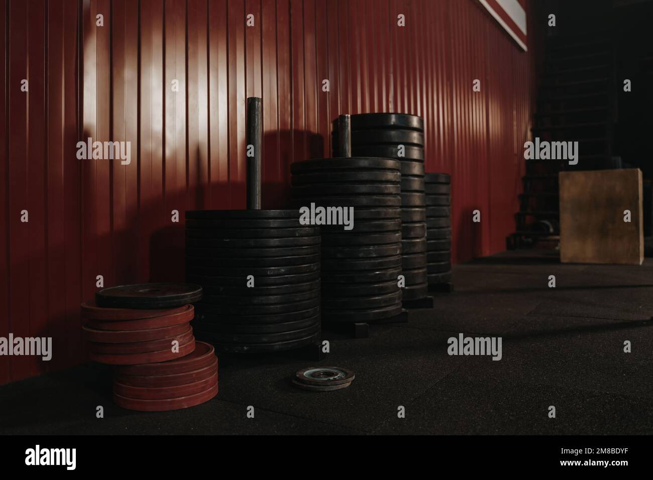 Crossfit equipment at gym. Barbell weights. Weightlifting concept. Copy ...