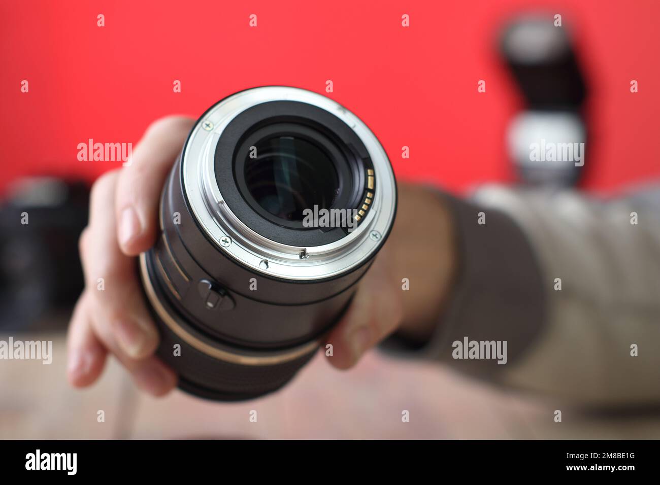 macro lens bayonet in close-up over table and pink background Stock ...