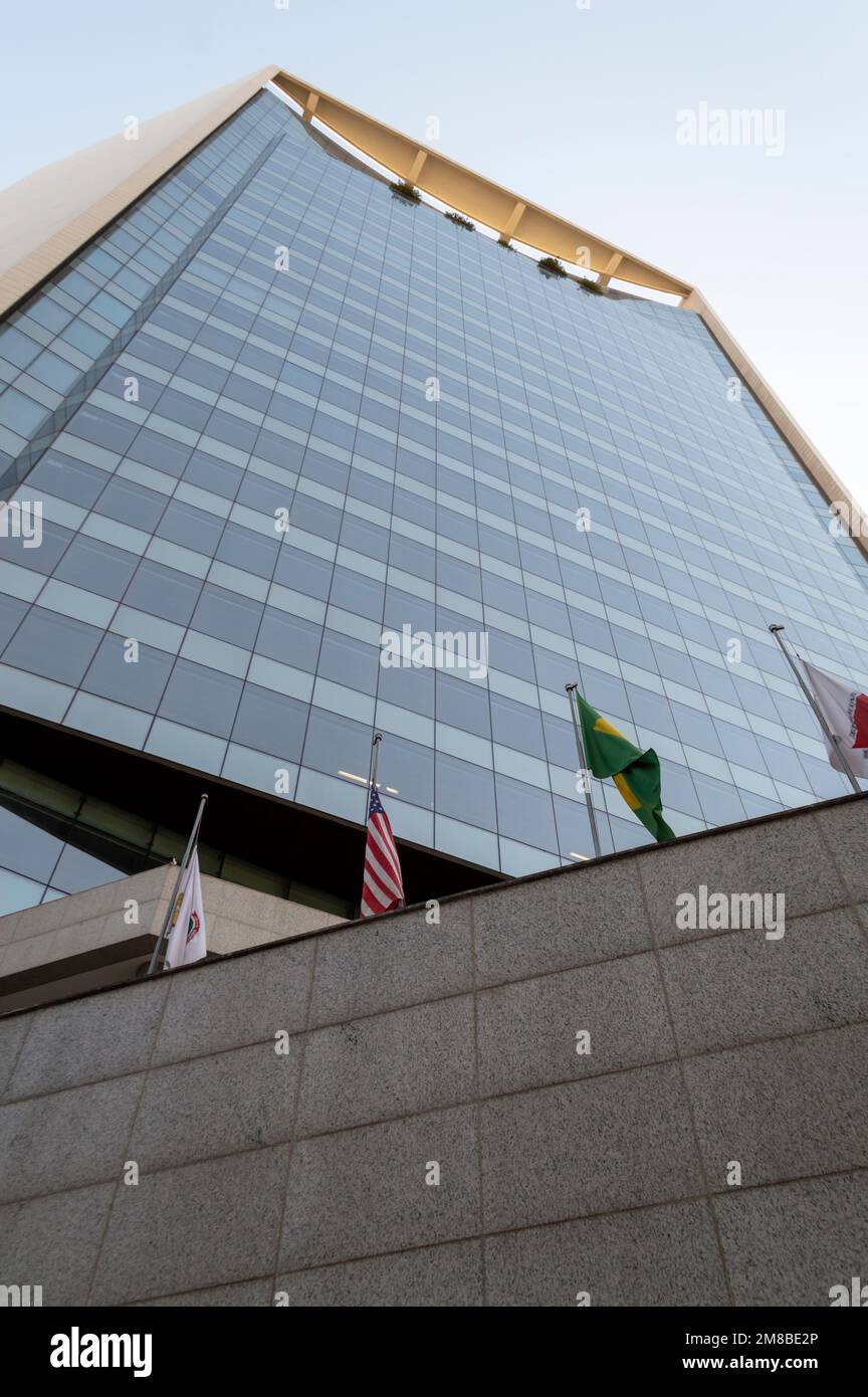 A vertical low angle view of the fully digital Inter bank's modern and ...