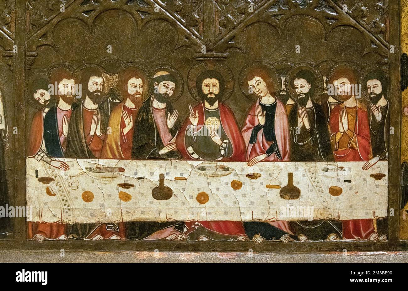 The last supper in a medieval fresco in Barcelona. From National Museum ...