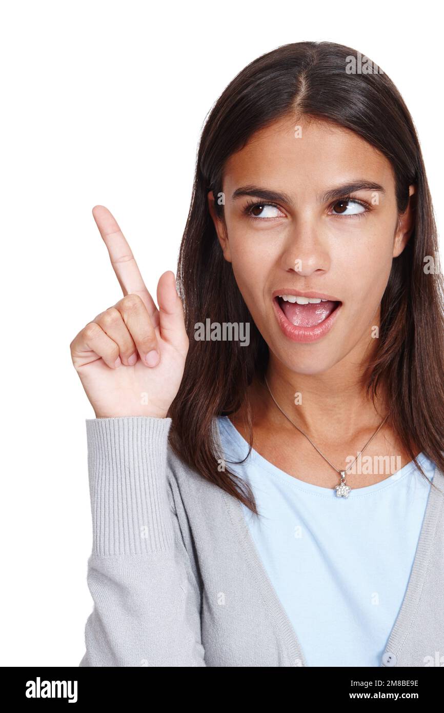 Young woman, thinking and finger with idea, solution or plan against ...