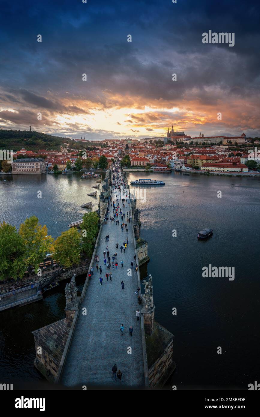 Aerial view of Charles Bridge at sunset with Prague Castle Skyline ...