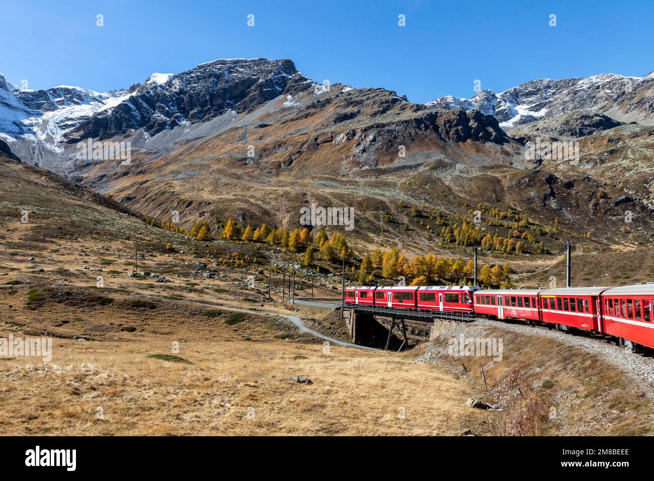 bernina express mountain railway train crossing the ova da bernina ...
