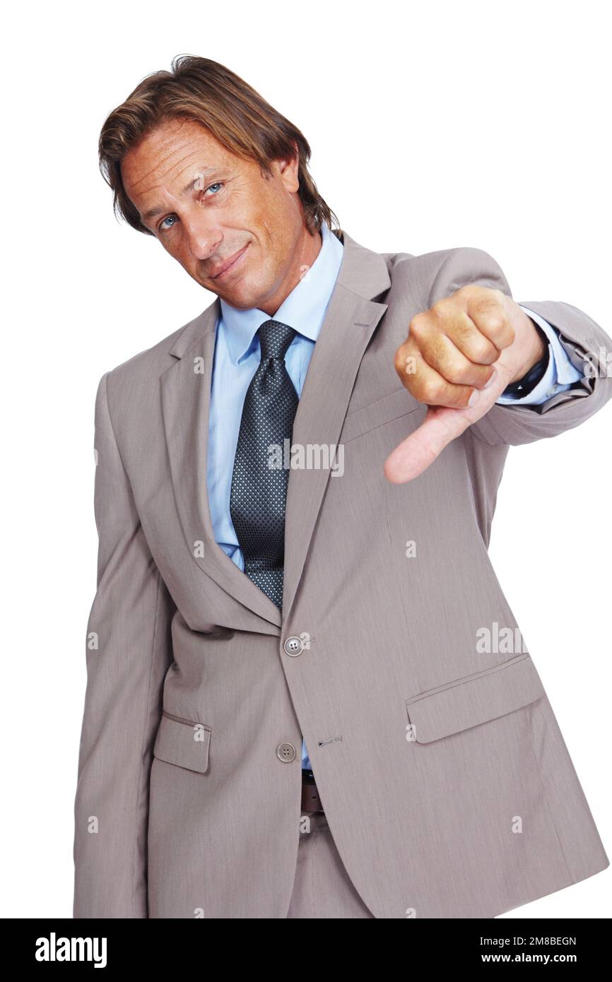 Businessman, thumbs down and bad news, disappointment or failure ...