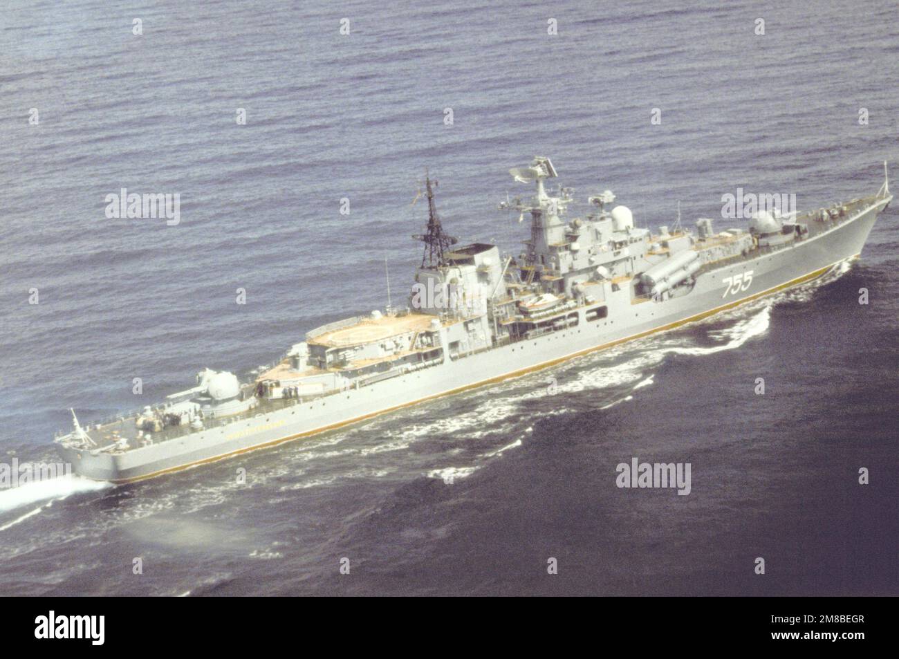 A starboard quarter view of the Soviet Sovremenny class destroyer ...