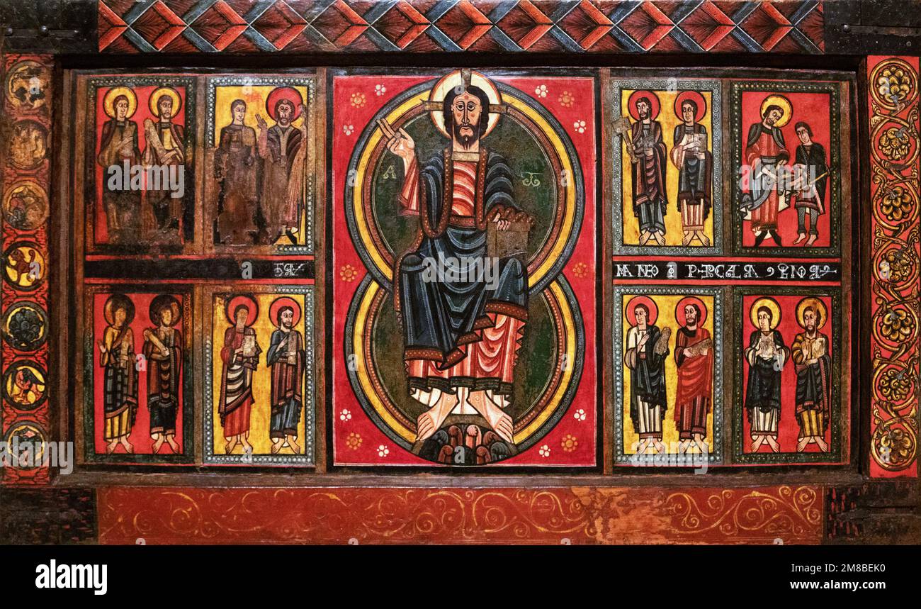 Beautiful front face of a colorful medieval altar in Barcelona. From ...