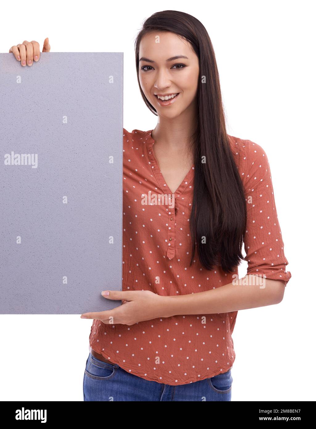 Advertising mockup, portrait and woman with poster, placard or ...