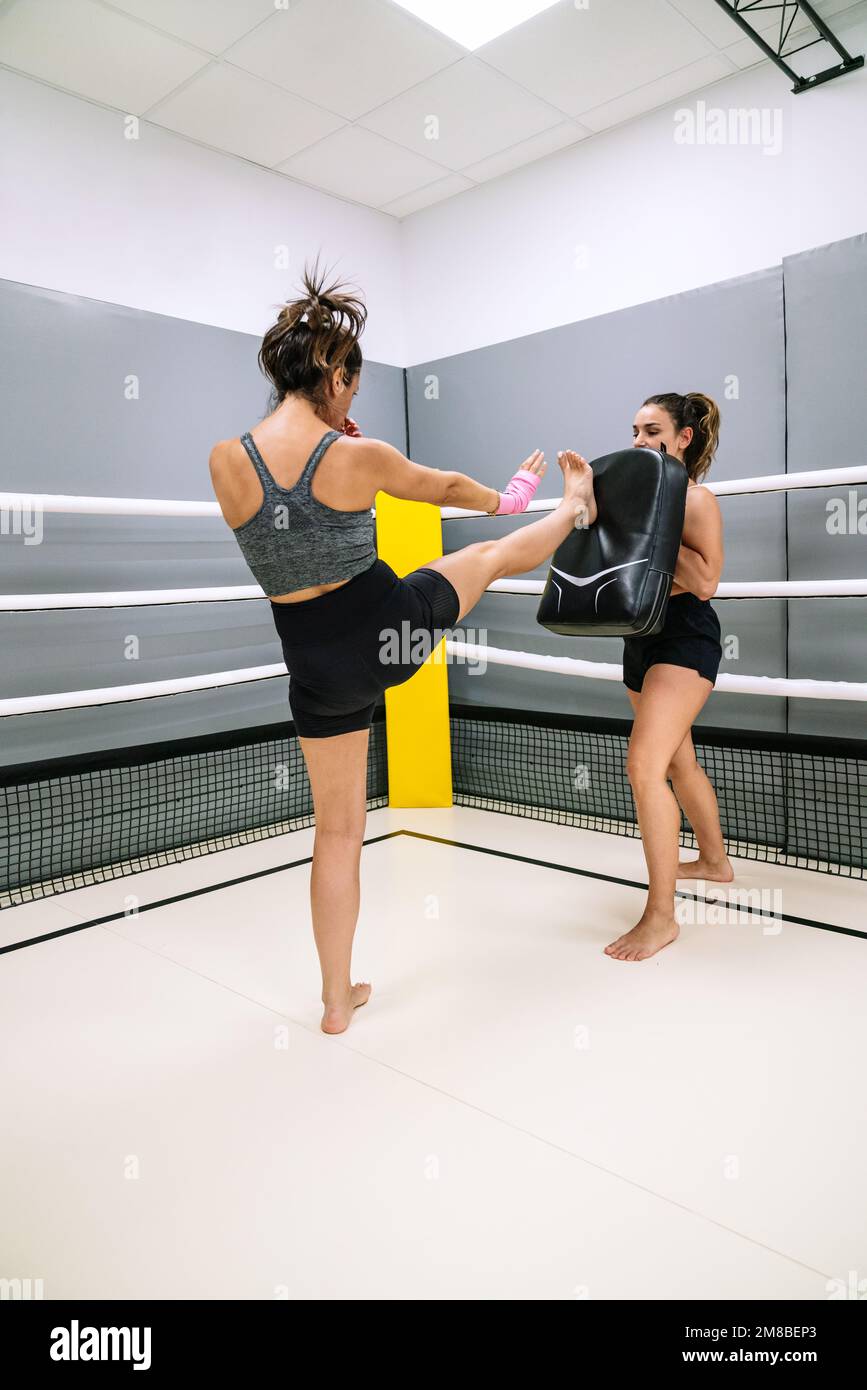 Young female athlete practicing a front kick during a practice with her ...