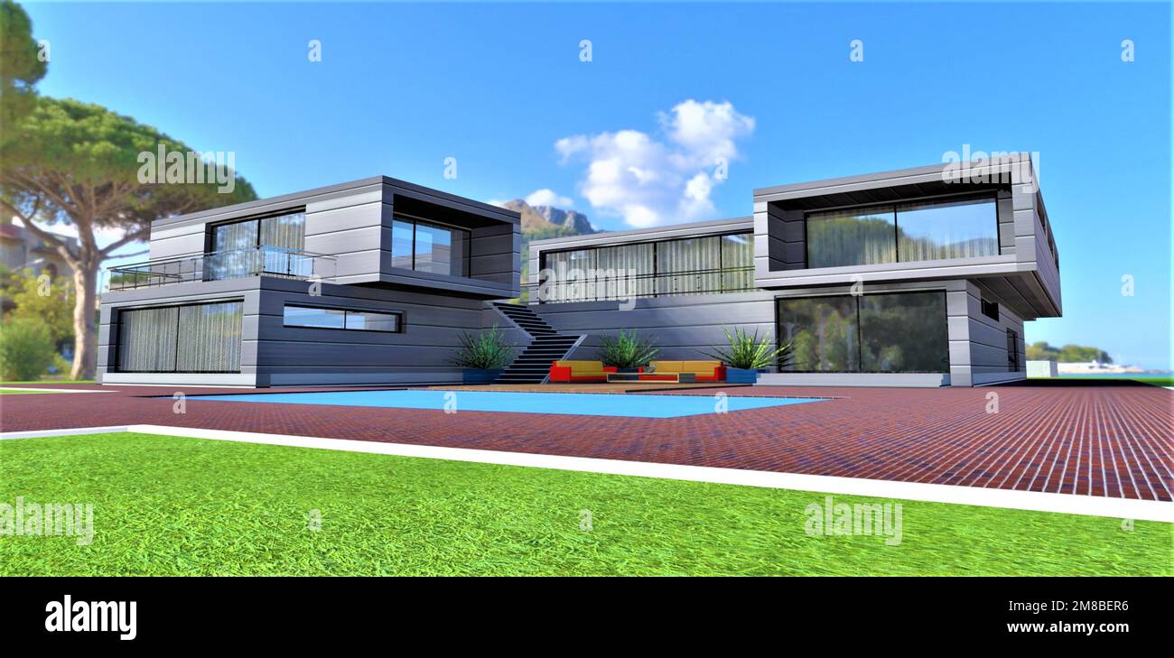 Exclusive elite estate located on the green tropical island in Atlantic ocean. 3d rendering ...