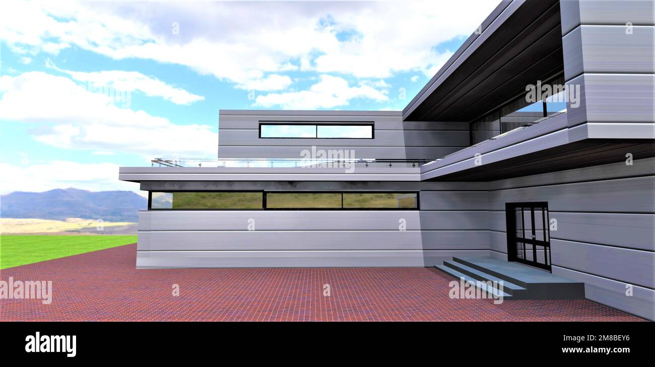 A spacious paved area paved with red brick in front of the front ...