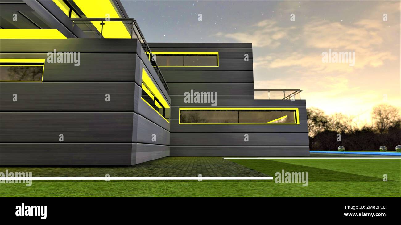 Night view of the middle-class suburban house with yellow illumination ...