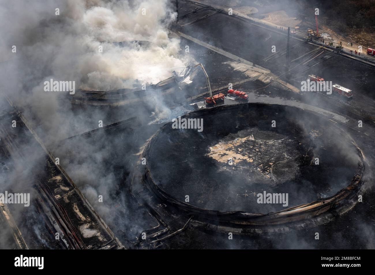An aerial shot of a fire at the supertanker base in matanzas, cuba ...