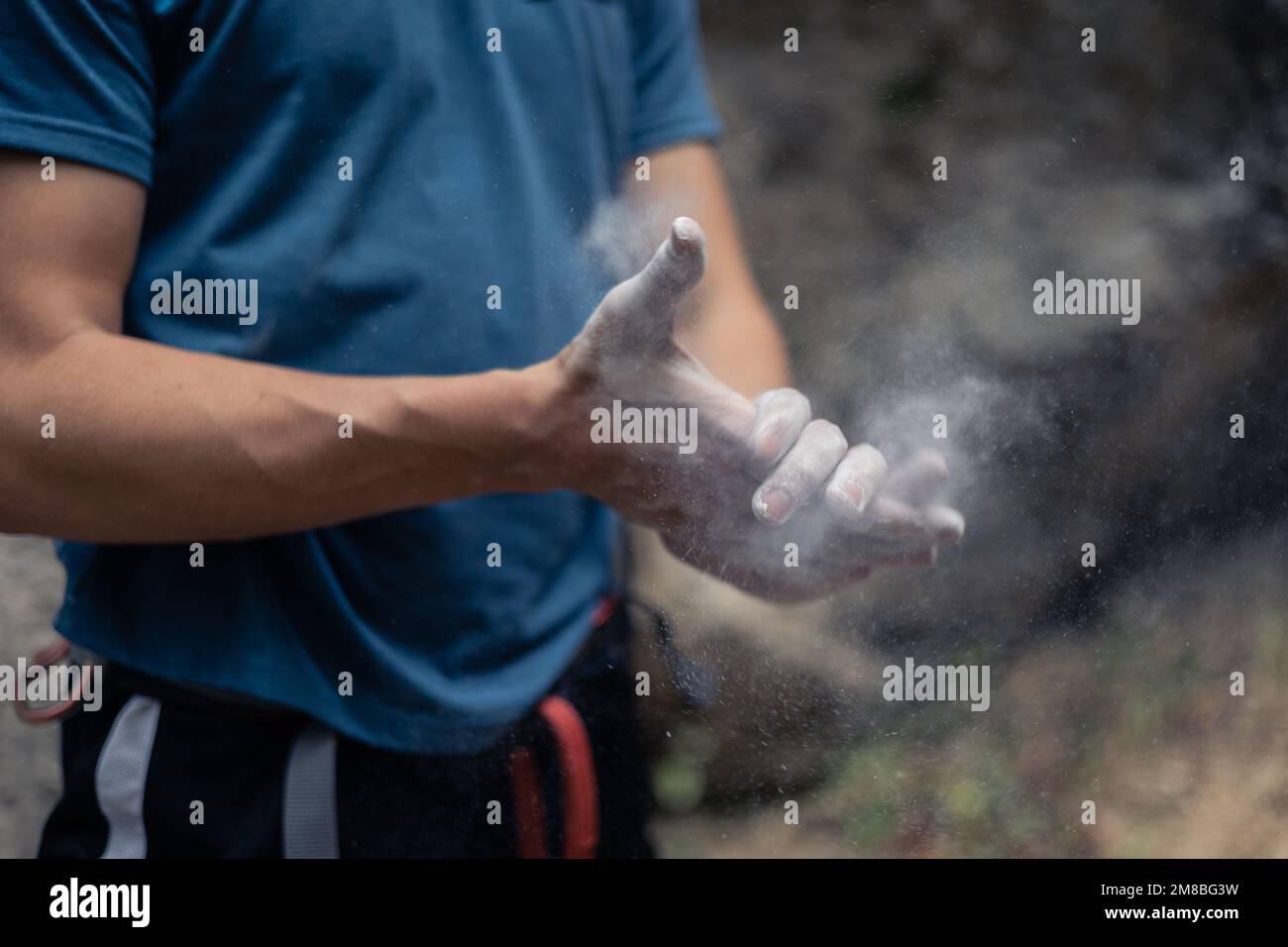 A closeup of the rock climber's hands covered in climbing chalk Stock ...