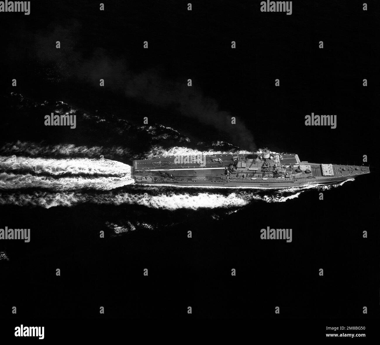 An overhead starboard beam view of the Soviet Kiev-class aircraft ...