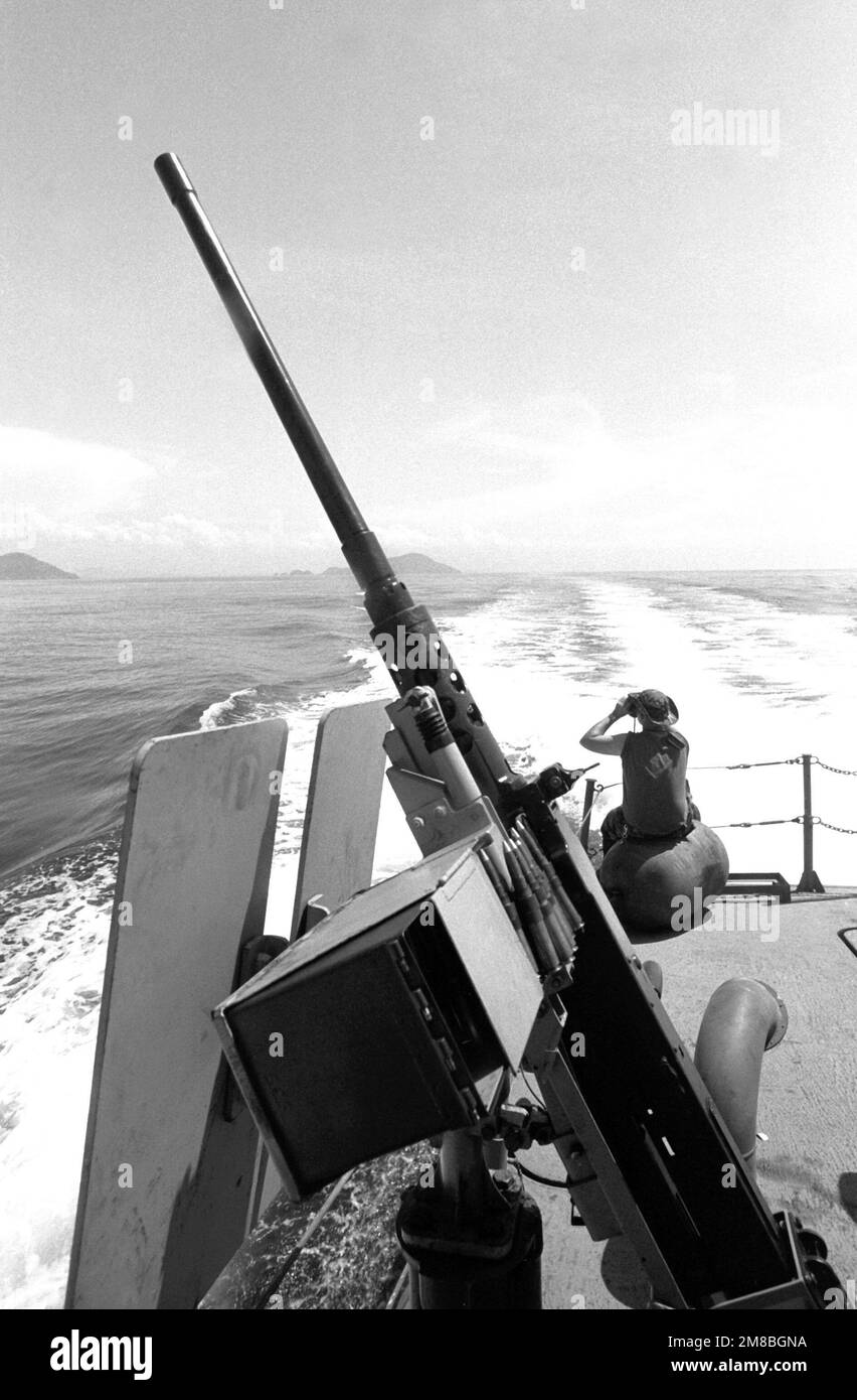 A member of Sea-Air-Land (SEAL) Team 8 uses field glasses to look out ...
