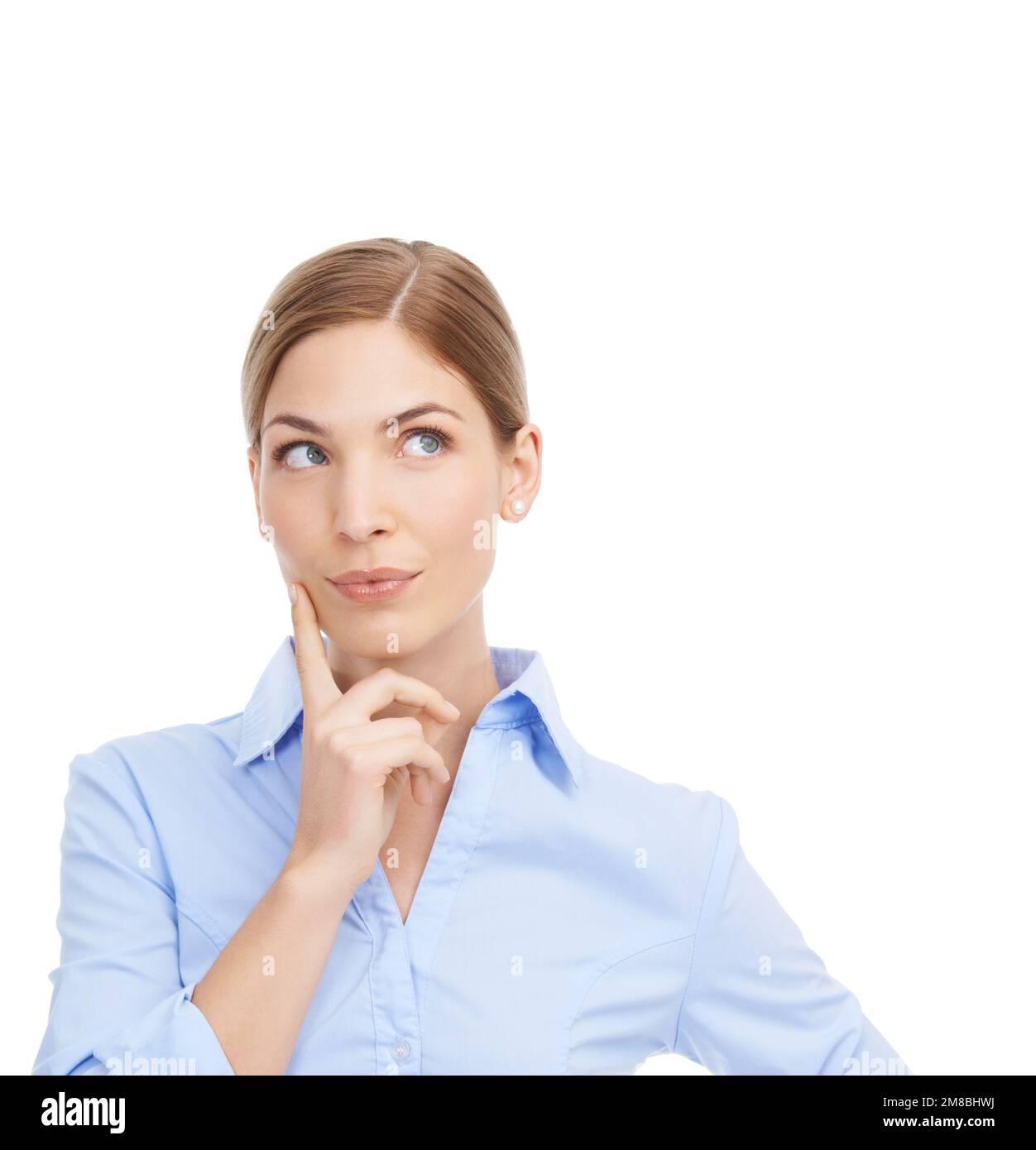 Business woman, thinking and idea on a white background with space for ...