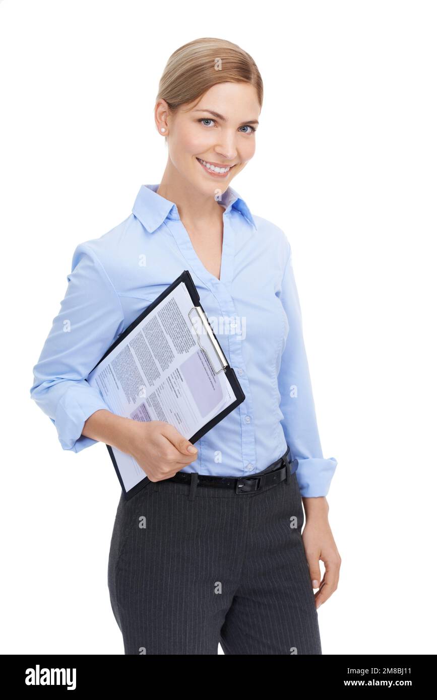 Hr manager, portrait or paper clipboard on isolated white background ...