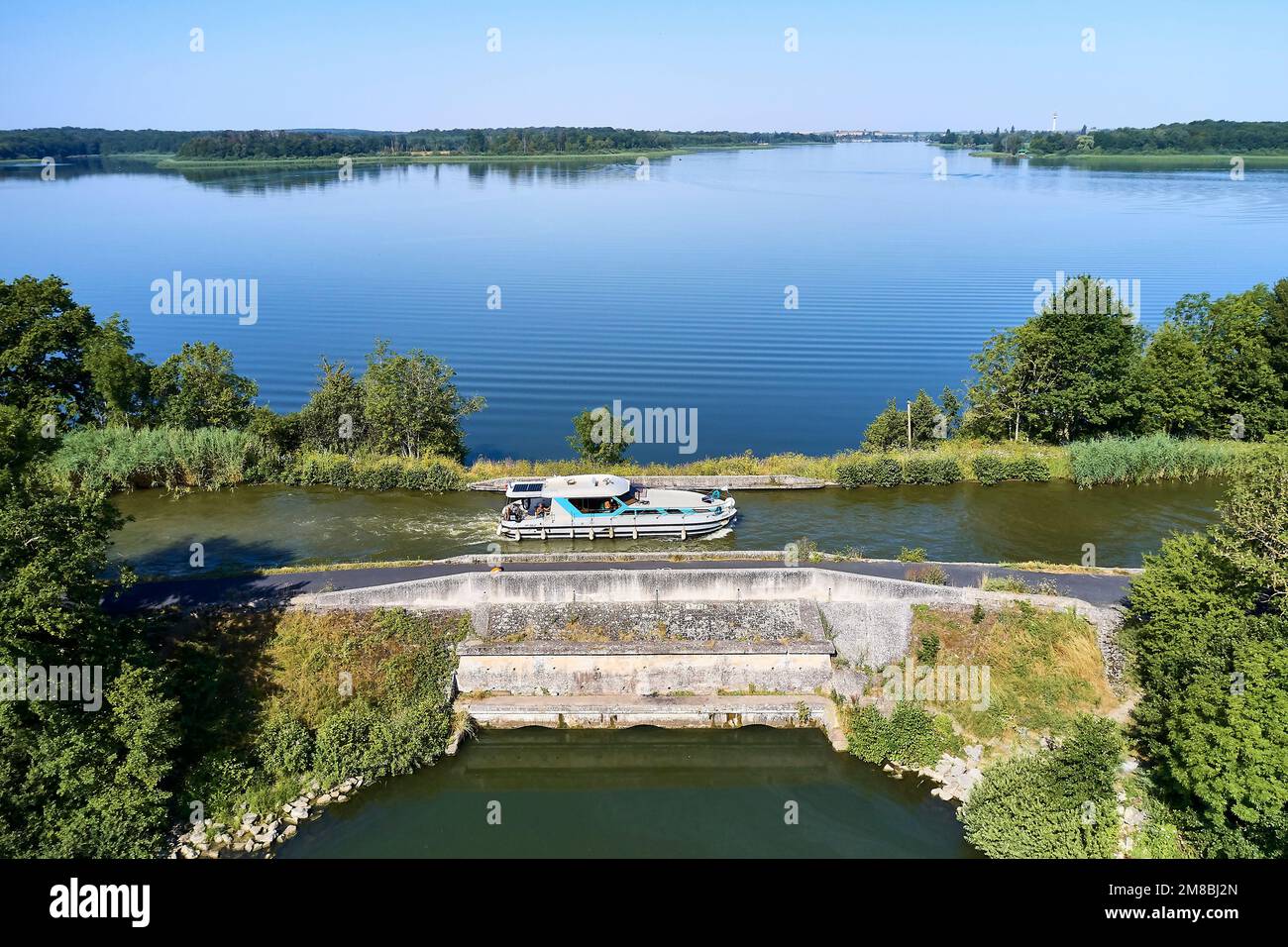 Aerial view of the pond “etang du Stock” and the Canal des houilleres de la Sarre, Moselle ...