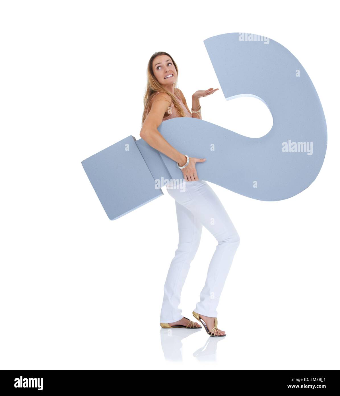 Question mark, doubt and woman in studio with sign for decision, ideas ...