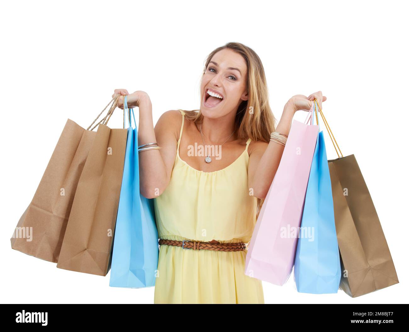 Shopping bag, portrait and woman excited in studio, isolated white ...