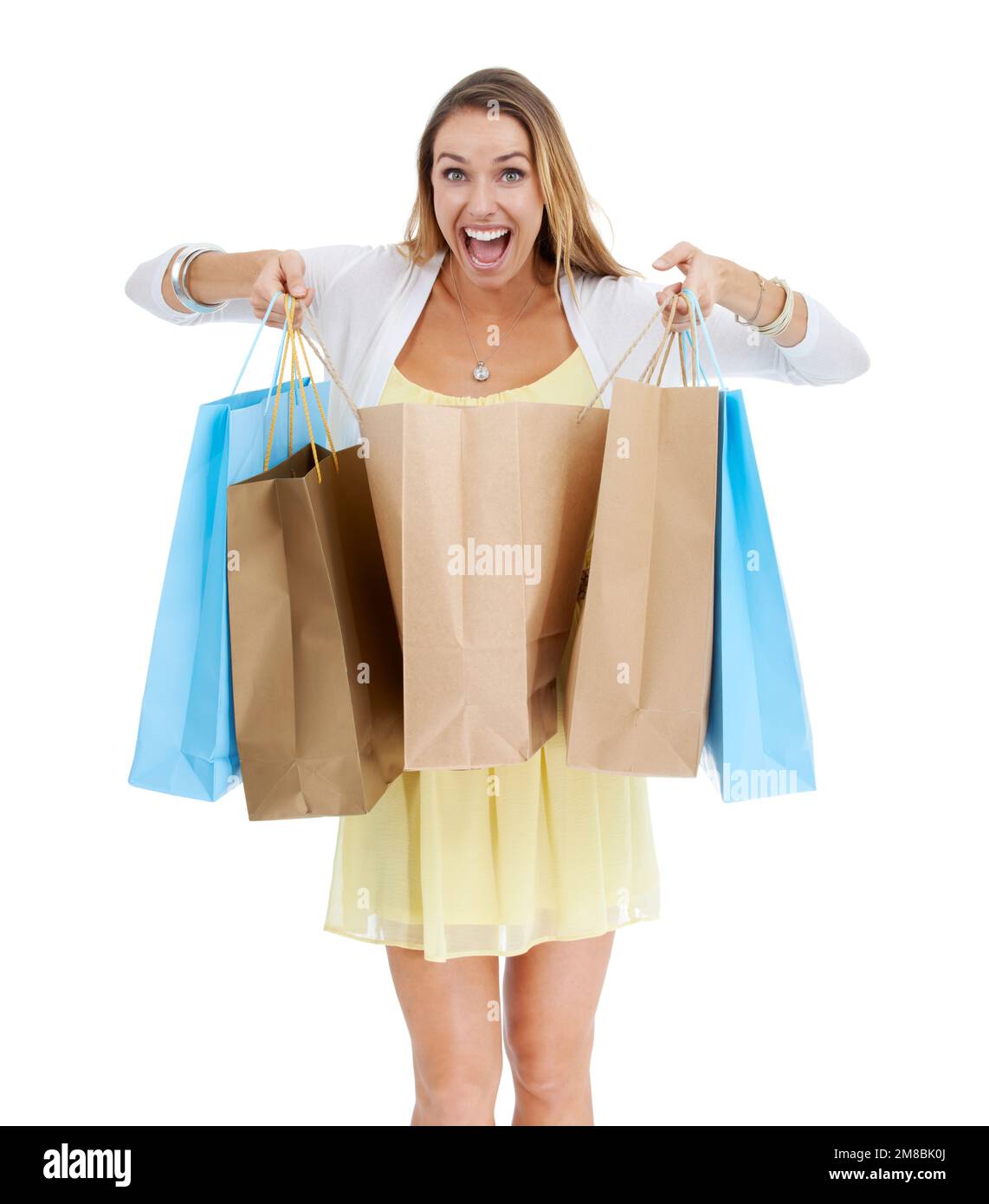 Woman look inside shopping bag with wow face for retail fashion sale ...