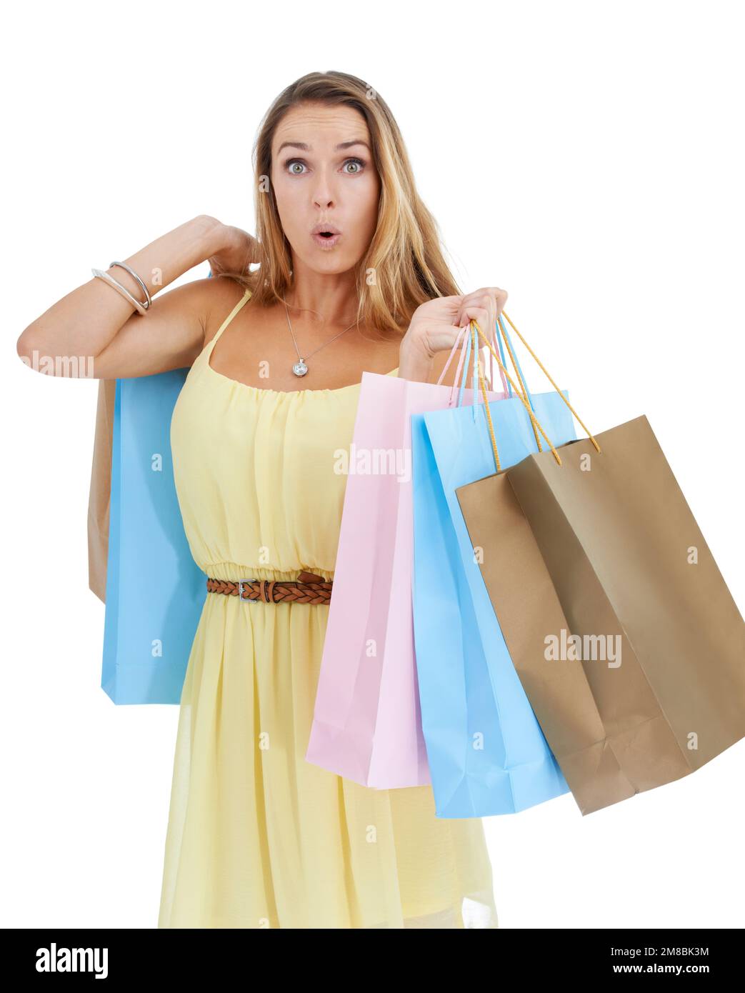 Portrait, shocked and woman with bags, shopping and luxury boutique ...