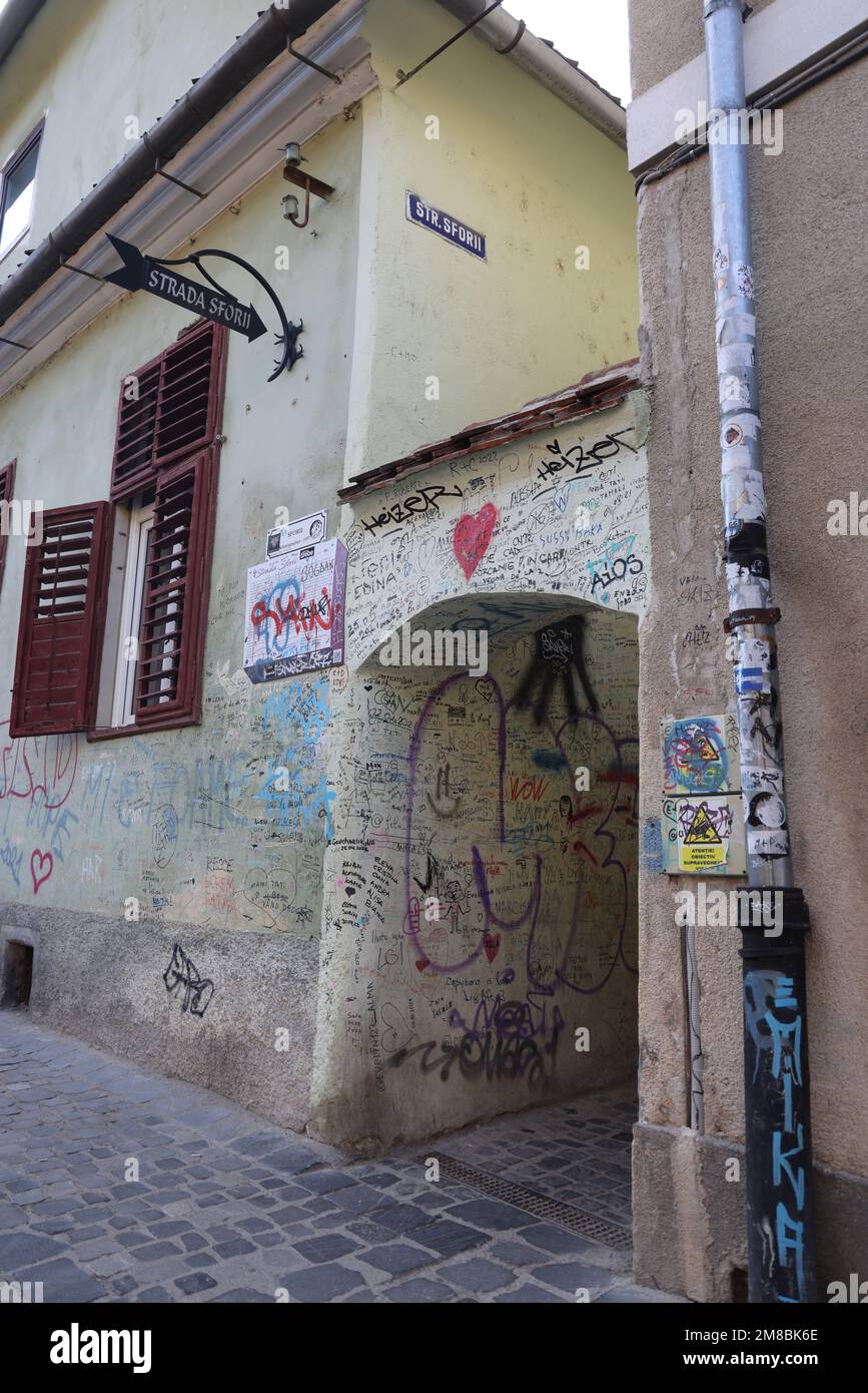 Entry to Strada Sforii (Rope Street). the narrowest street of Brașov ...
