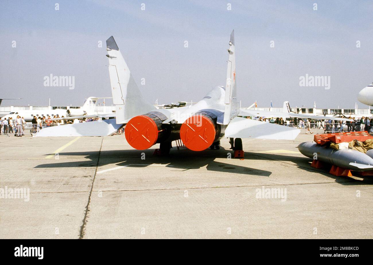 A rear view of a Soviet MiG-29UB Fulcrum aircraft on display at the ...