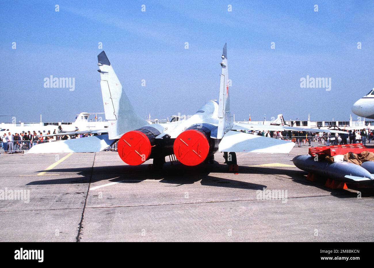 A rear view of a Soviet MiG-29UB Fulcrum aircraft on display at the ...
