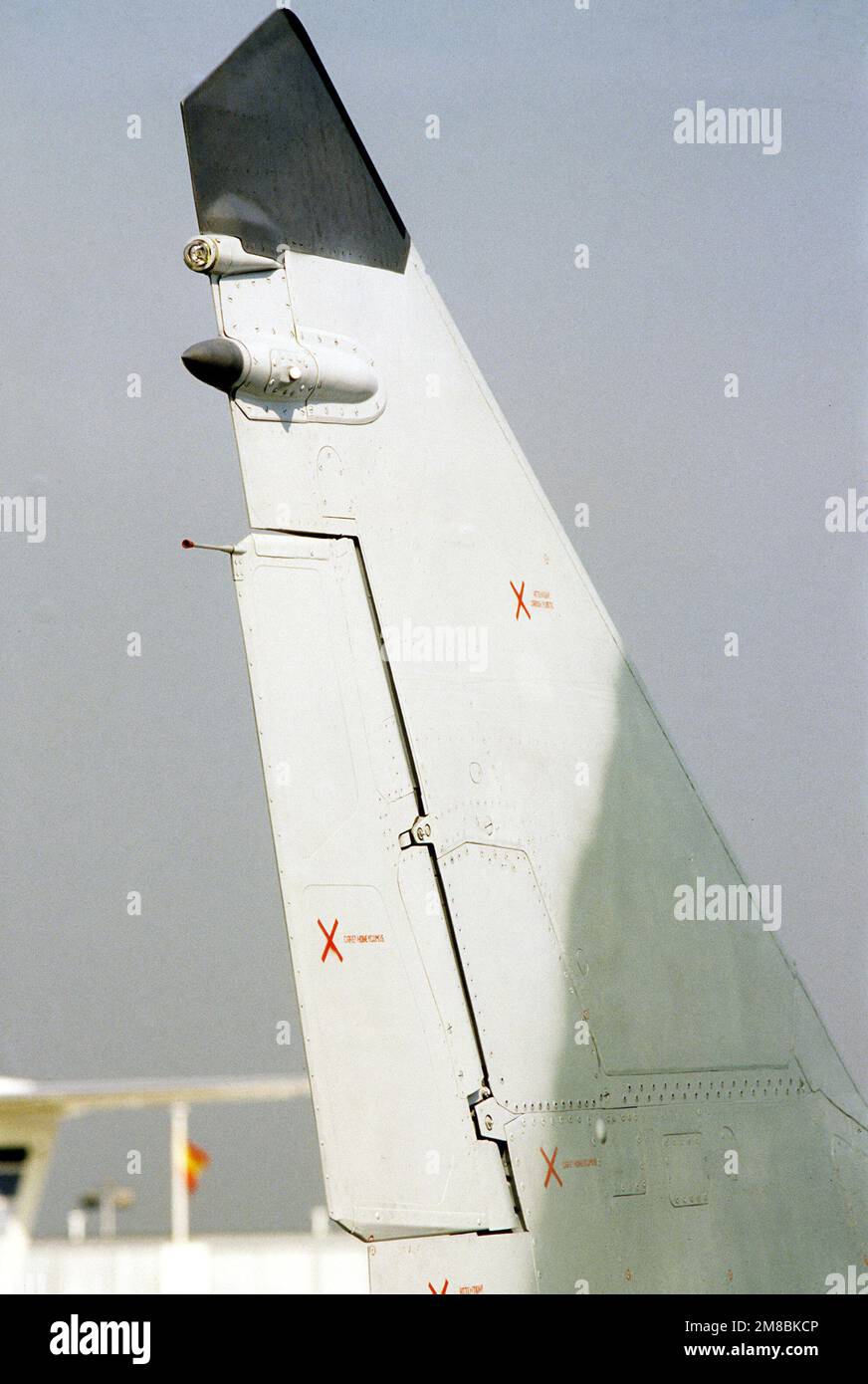 A close-up view of a vertical stabilizer on a Soviet MiG-29UB Fulcrum ...