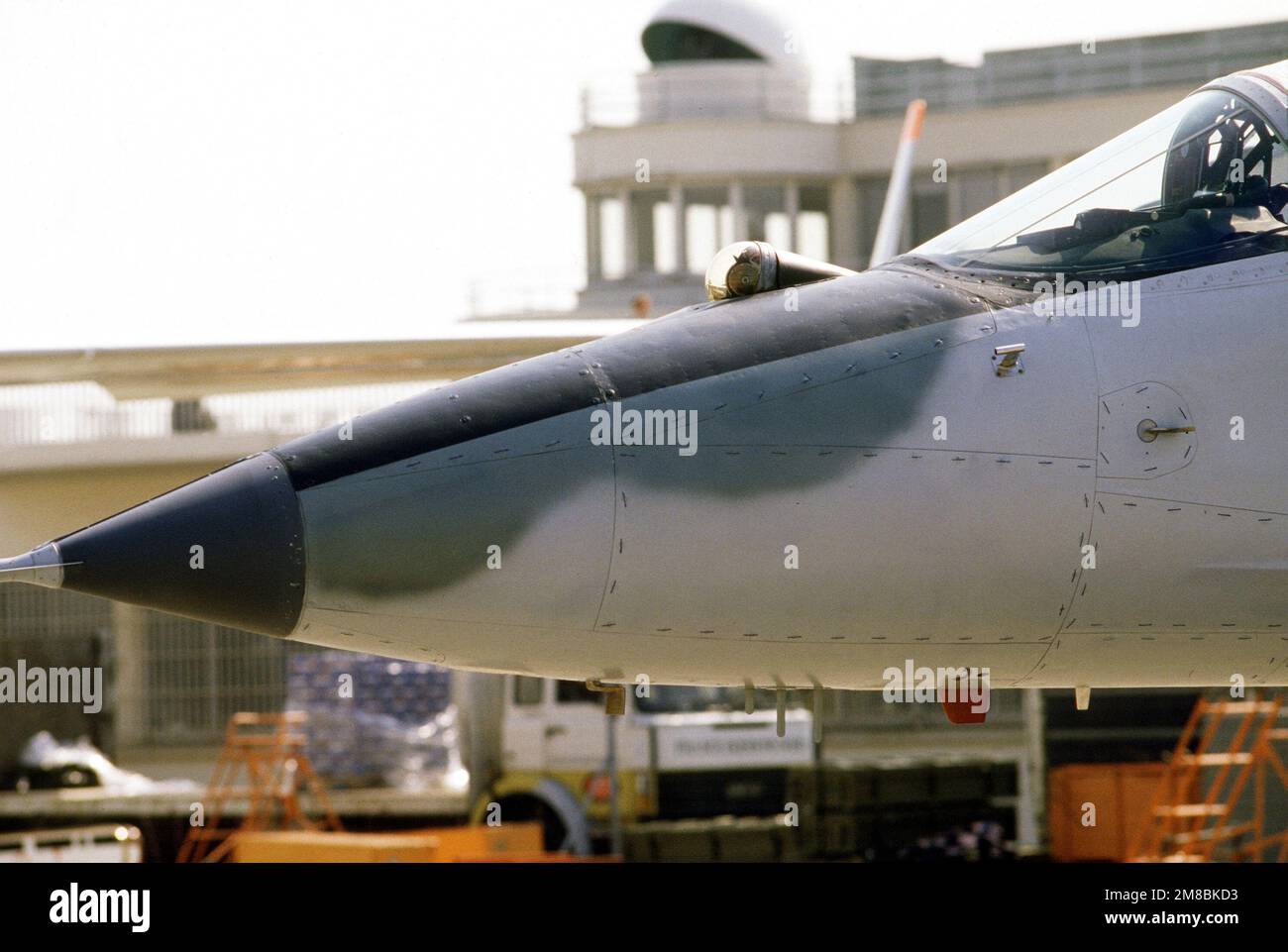 A view of the nose of a Soviet MiG-29UB Fulcrum aircraft on display at ...